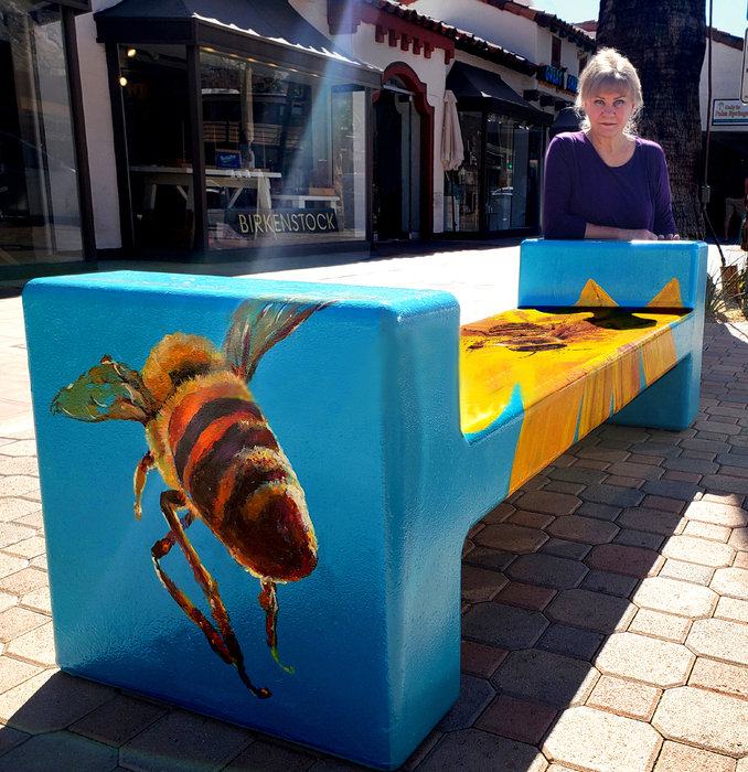 Save the Bees bench in Palm Springs, CA